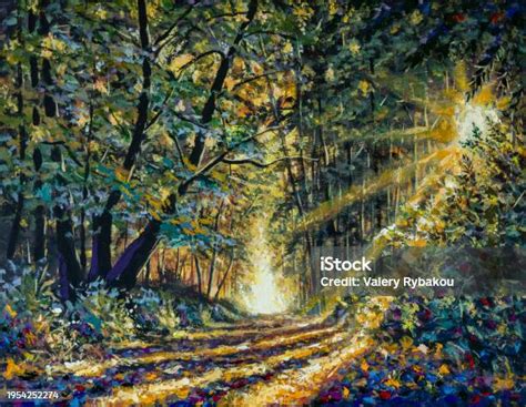 원래 아크릴 유화 인상파 예술 아름다운 햇볕이 잘 드는 숲에서 태양의 긴 광선 공원 골목의 도로 아름다운 숲 햇볕이 잘 드는 풍경 0명에 대한 스톡 벡터 아트 및 기타