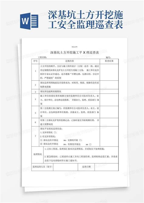 深基坑土方开挖施工安全监理巡查表Word模板下载 编号lrwozenx 熊猫办公