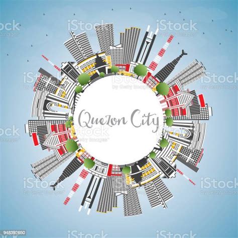 회색 건물 푸른 하늘 및 복사 공간 Quezon 시 필리핀 스카이 라인 Capital Region에 대한 스톡 벡터 아트 및