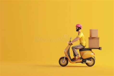 A Man In A Pink Helmet Rides A Yellow Scooter Delivering Packages