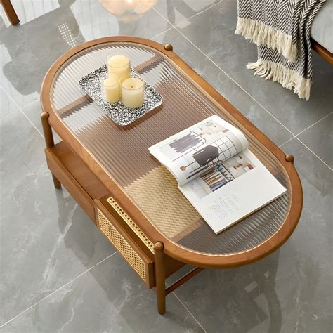 Modern Oval Glass Top Coffee Table With Shelf And 4 Drawers Cocktail