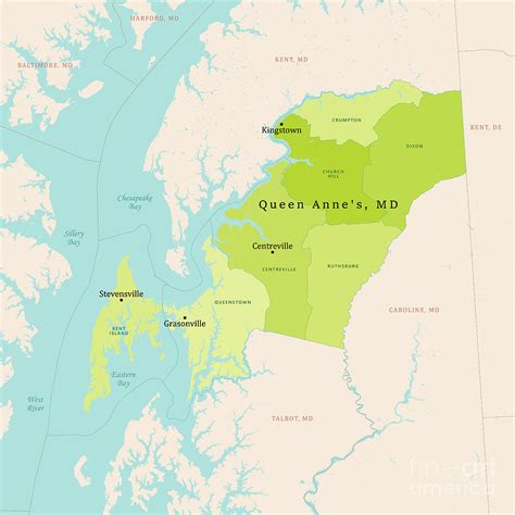 Md Queen Annes County Vector Map Green Digital Art By Frank Ramspott