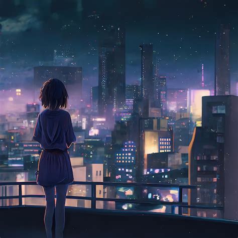 Premium Photo Cute Anime Woman Looking At The Cityscape By Night Time
