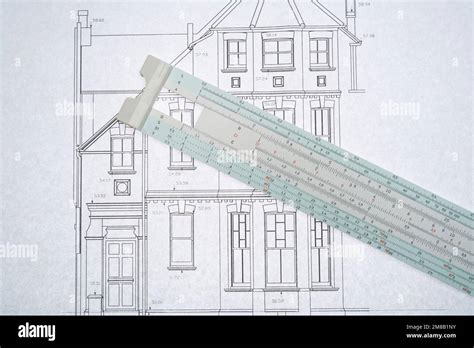 Architects Drawings With A Slide Ruler An Old Fashioned Way To Make Calculations Drawing To