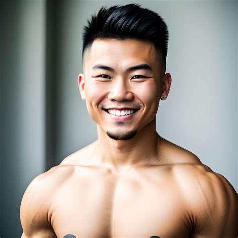 Realistic Handsome And Cute Asian Guy With Muscular Body Smiling Cutely