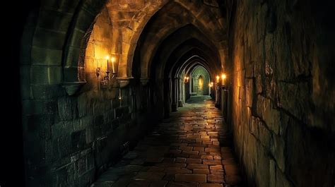 A Long Narrow Stone Corridor Lit By Flickering Candlelight The Path