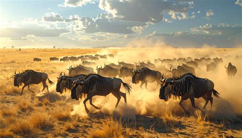 Wildebeest Migration At Sunset Golden Light And Dust In The African