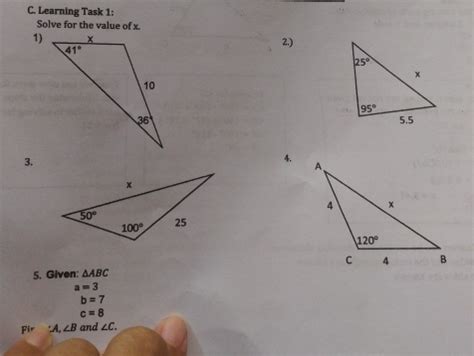 Solved: C. Learning Task 1: Solve for the value of x 1 2.) 3. 4、 5. Given: Delta ABC a=3 b=7 c ...