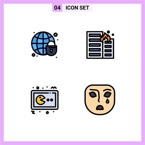 Universal Icon Symbols Group Of 4 Modern Filledline Flat Colors Of Global Security Pac Man Globe
