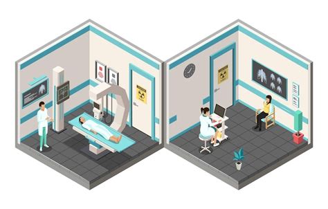 Xray 기계 및 Mri 스캐너 검사 인체 의사 검사 흉부 뼈의 환자 뢴트겐의 검사 검사 수술 아이소메트릭 3d 벡터 일러스트