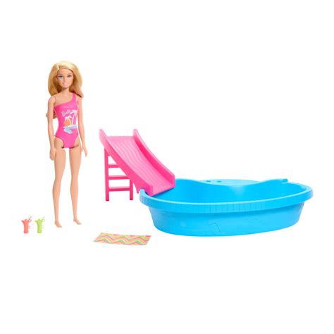 Комплект за игра с кукла Barbie, басейн с пързалка и аксесоари, HRJ74 ...