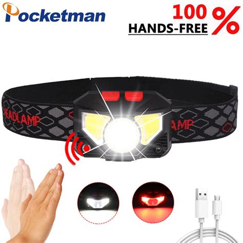 Lumen LED Headlamp Motion Sensor Ultra Bright Hard Hat Head Lamp ไฟหนาอนทรงพลง USB ชารจ