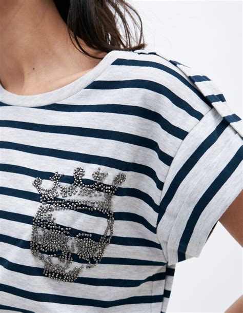 Tee Shirt Marinière écru Broderies Tête De Mort Femme