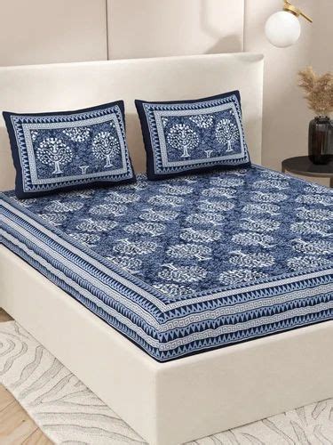 Navy Interiors Hand Block Printed Cotton Queen Size Bedding Set At Rs