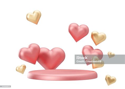 황금색과 분홍색 하트가 공중에서 날아다니는 분홍색 연단 흰색 배경에 격리되어 있습니다 발렌타인 데이 결혼식 기념일 제품 화장품 프리젠 테이션을위한 연단 모의 잘라 3d