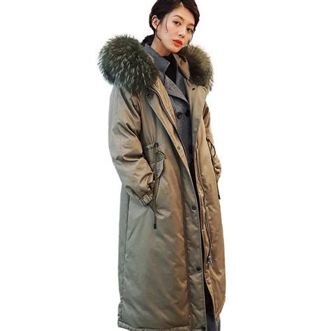 Зимние Для женщин енота меховой воротник куртка женская с капюшоном толстые теплые Белое пуховое