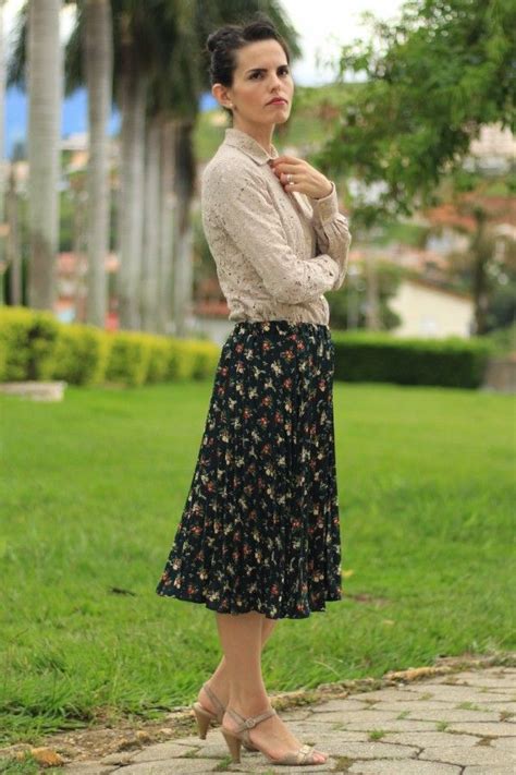 Saia midi plissada verde flores em até 12 vezes Saia modesta Saias