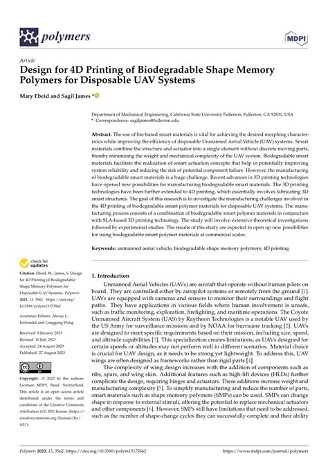 Pdf Design For 4d Printing Of Biodegradable Shape Memory Polymers For Disposable Uav Systems