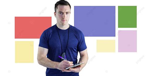 Minimalistic Male Fitness Coach Writing On Chart Photo Background And