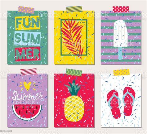 6 벡터 밝은 여름 카드의 세트입니다 파인애플 수 박 아이스 크림 비치 샌들 화려한 여름 포스터 팜 잎 재미 있는 여름 및 텍스트를 작성 하는 손 공휴일에 대한 스톡 벡터