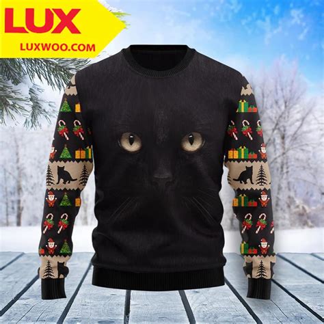 Cute Ugly Christmas Sweater Unisex Black Cat Cute Face