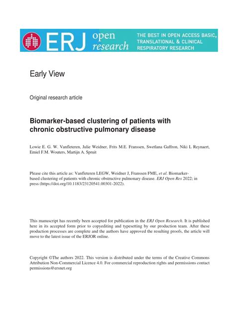 Pdf Biomarker Based Clustering Of Patients With Chronic Obstructive Pulmonary Disease