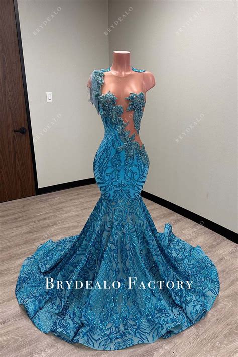 Sparkly Crystal Sequin Blue Asymmetrical Long Mermaid Prom Dress
