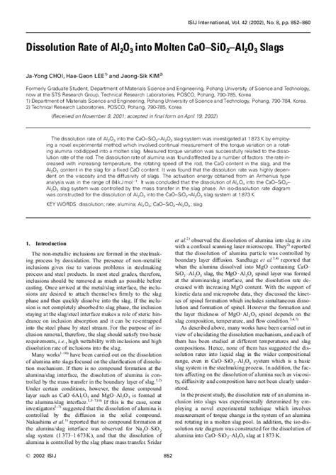 pdf dissolution rate of al2o3 into molten cao sio2 al2o3 slags hae geon lee