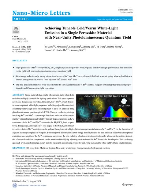 PDF Achieving Tunable Cold Warm White Light Emission In A Single
