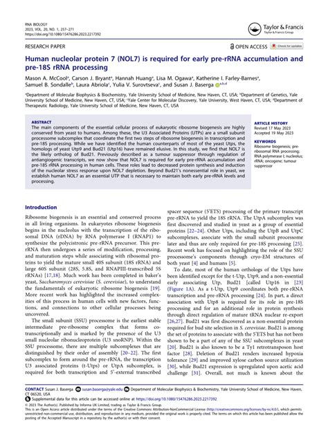 Pdf Human Nucleolar Protein 7 Nol7 Is Required For Early Pre Rrna