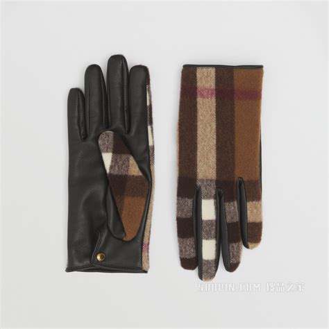 【burberry博柏利】格纹羊毛拼羔羊皮手套 桦木棕 80502181 搜品之家