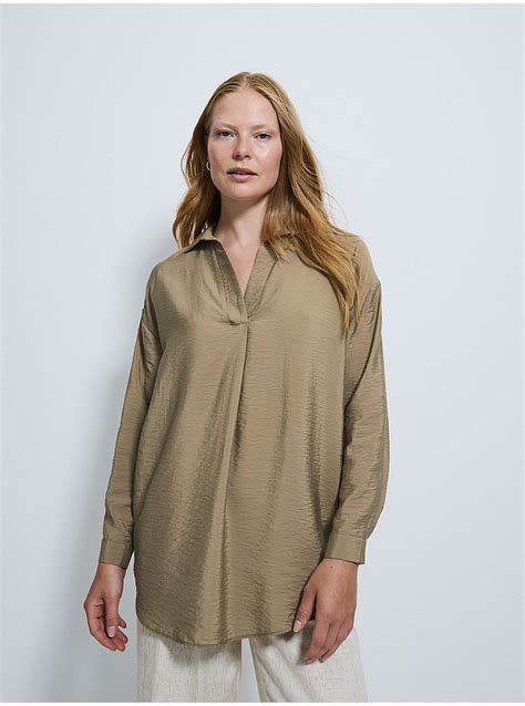 Khaki Long Sleeve Popover Longline Blouse Women George At Asda