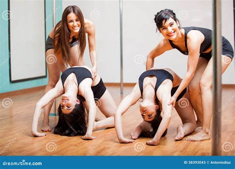 Happy Pole Dancers In Class Stock Image Image Of Brunette Balance