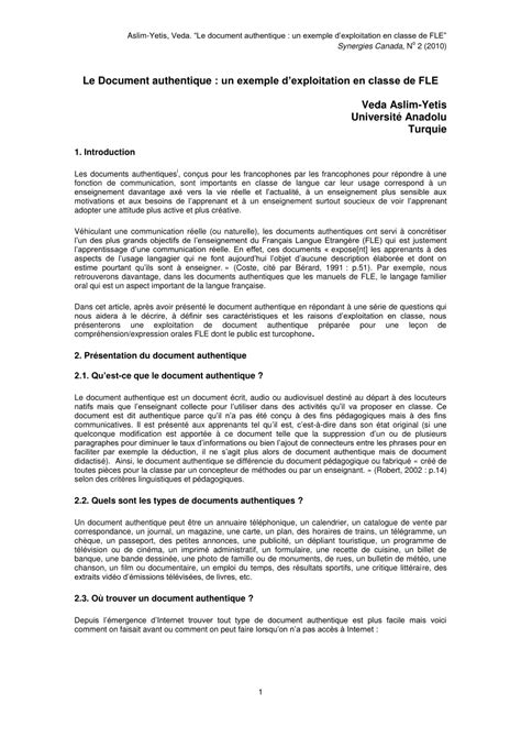 Pdf Le Document Authentique Un Exemple Dexploitation En Classe De Fle