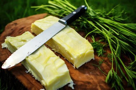 Knifes Slicing Through Grass Fed Butter Stick Stock Illustration