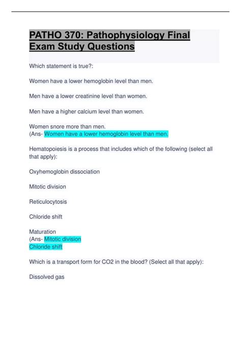 PATHO 370 Pathophysiology Final Exam Study Questions Pathophysiology