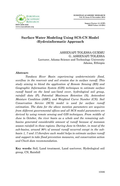 Pdf Surface Water Modeling Using Scs Cn Model Hydroinformatic Approach