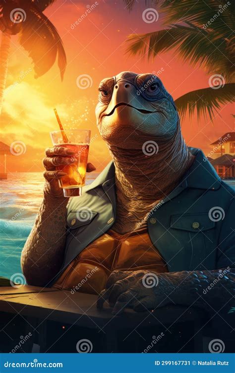 Relaxed Turtle Enjoying A Refreshing Drink Stock Illustration