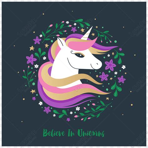 화려한 꽃의 배경에 마법의 유니콘의 머리인쇄캐릭터 Png 일러스트 무료 다운로드 Lovepik