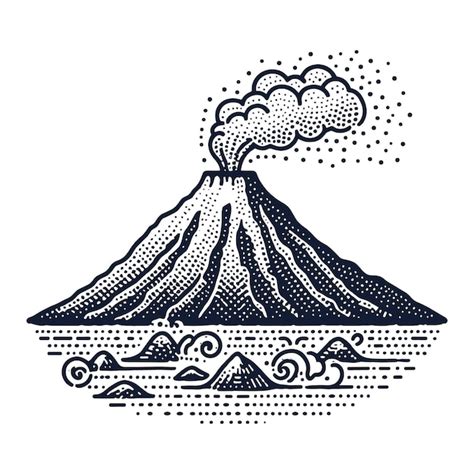 Premium Vector A Black And White Drawing Of A Volcano With A Cloud In