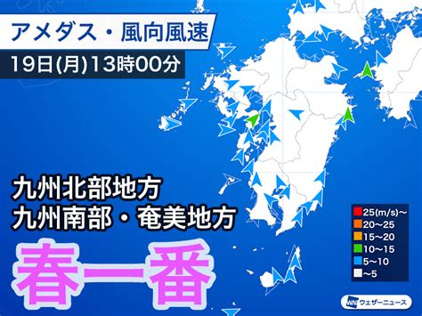 九州北部地方、九州南部・奄美地方で「春一番」 暖かな南風で気温上昇 ウェザーニュース
