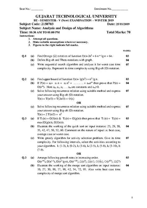 2150703 Be Winter 2019 Analysis And Design Of Algorithms Question