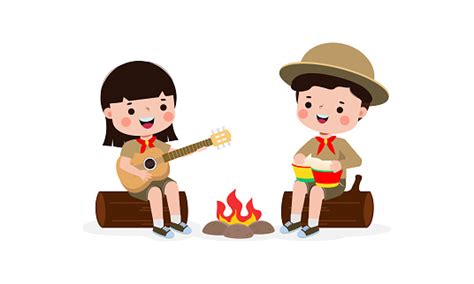 통나무에 앉아 캠프파이어 보이 스카우트 또는 걸 스카우트 명예 유니폼 어린이 여름 캠프 행복 한 어린이 만화 평면 문자 고립 된