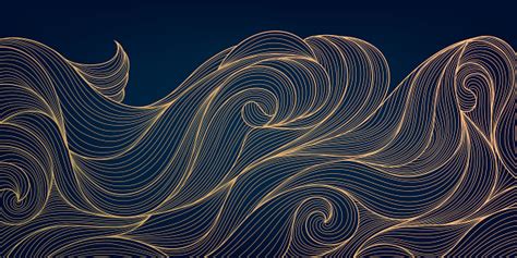 벡터 추상 골든 럭셔리 패턴 웨이브 라인 배경 라인 아트 배경 화면 인쇄 직물 포장 디자인을위한 물결 모양의 아르 데코 질감 바다 바다 일본 스타일의 조경 예술 아르데코에