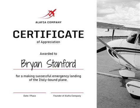 Plane Pilot Appreciation From Airlines Company Online Certificate