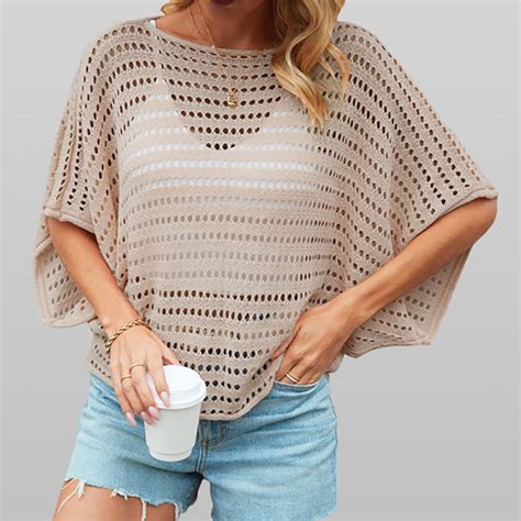 Nrmvnmi Womens Crochet Tops Summer Short Sleeve Beach Cover Up Knit
