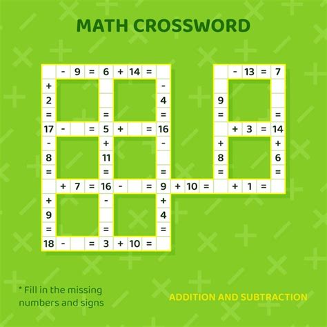 아이들을 위한 수학 크로스워드 퍼즐 덧셈과 뺄셈 20까지 계산 벡터 일러스트 레이 션 프리미엄 벡터