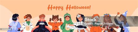 카니발 의상을 입은 귀여운 아이들과 함께 행복한 할로윈 배너 디자인 재미있는 아이들은 마법사 요정 늑대 호박의 으스스한 양복을 입고 Helloween 가장 무도회 파티를