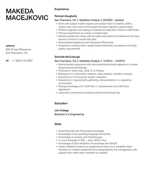 validation analyst resume samples velvet jobs