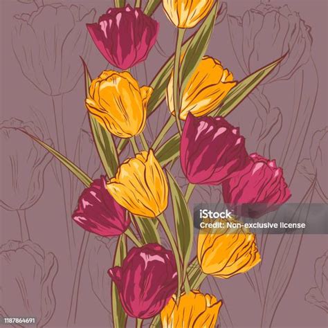 텍스처 배경에 벡터 노란색 분홍색 튤립입니다 양식에 일치시키는 그려진 꽃 배경입니다 배경 화면 패턴 채우기 웹 페이지 배경 표면 텍스처 직물 카펫 홈 장식에 대한 원활한
